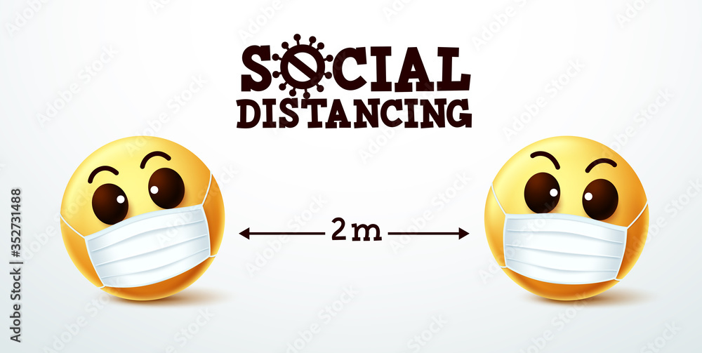 Emoji social distancing vector sign. Emoji smiley wearing face mask ...