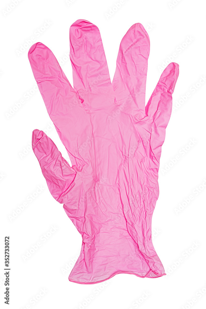 Pink surgical glove for COVID-19 coronavirus precautions. Isolated on ...