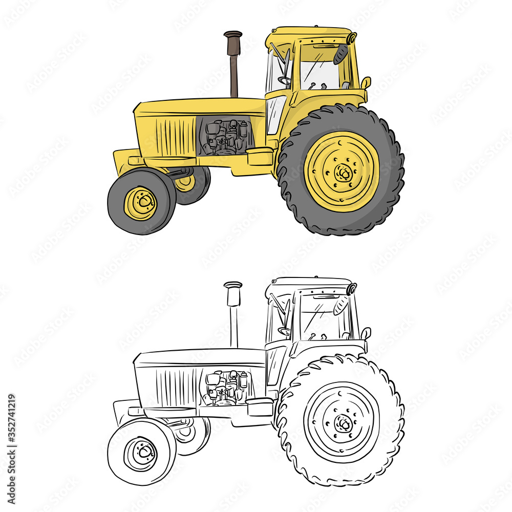 side view of retro yellow tractor vector illustration sketch doodle ...