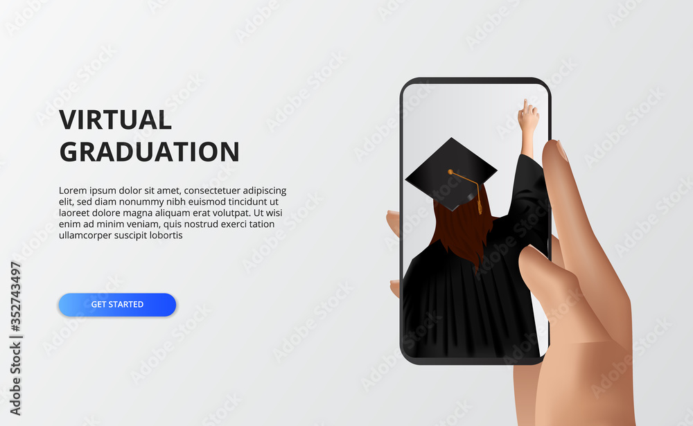 Virtual graduation for quarantine time at covid-19. woman use gown and ...