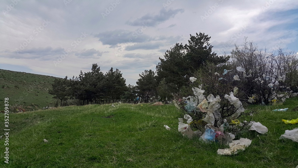 Fotka „Plastic bags in the forest on the trees move in the wind. There ...