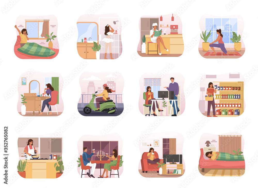 Fototapeta kuchenna Daily routine of a woman. Set of daily life scenes ...