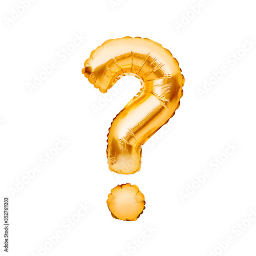 Question mark, question symbol made of golden inflatable balloon ...