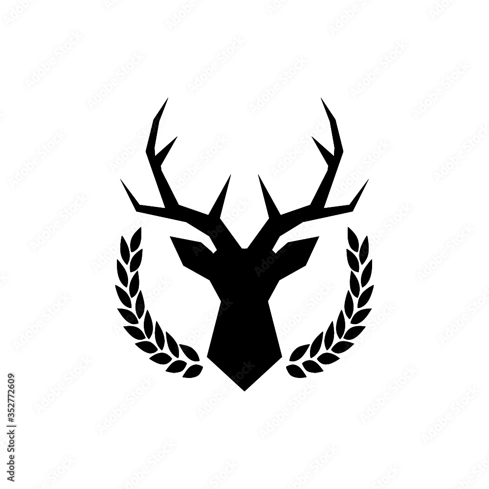 Hunting trophy. Deer head with big antlers in laurel wreath isolated on ...
