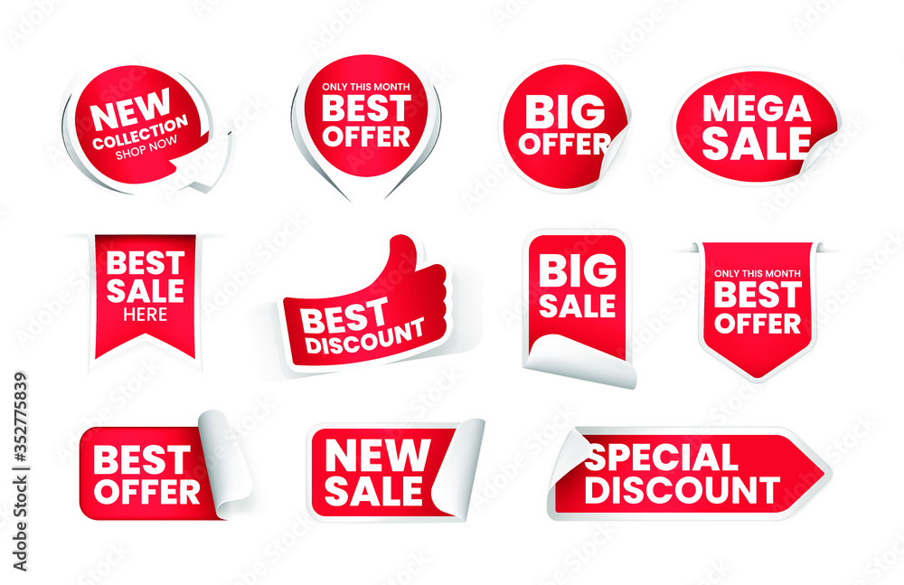 Collection of High Quality Realistic Red Labels on White Background ...