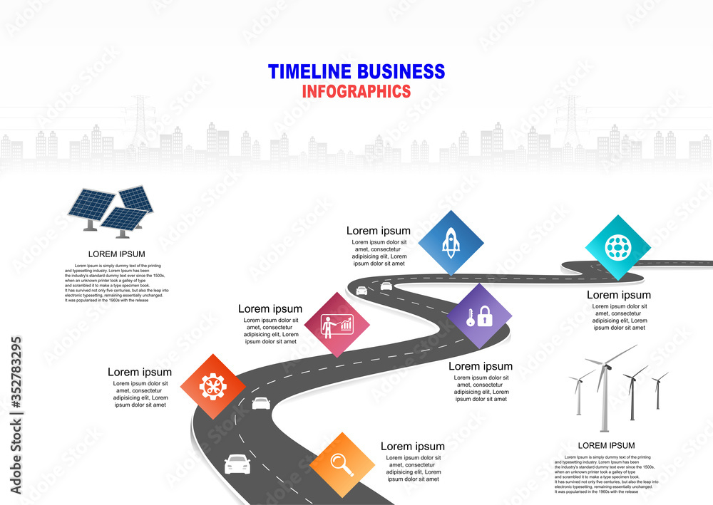 Vector template infographic Timeline of business operations with flags ...