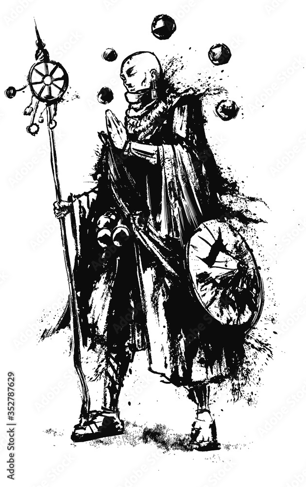 A peaceful monk, in a suit, makes a religious Oriental gesture, with a ...