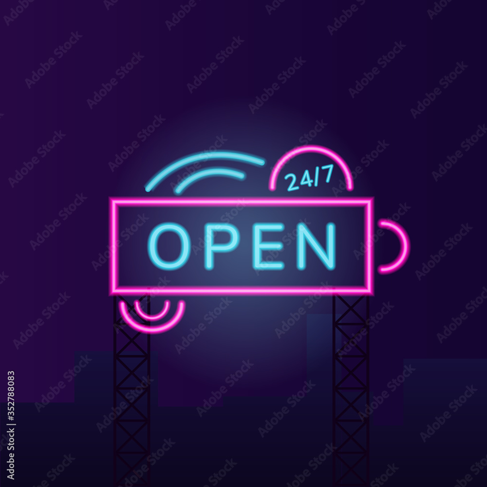 Convenience store vector neon light board sign illustration. Round the ...
