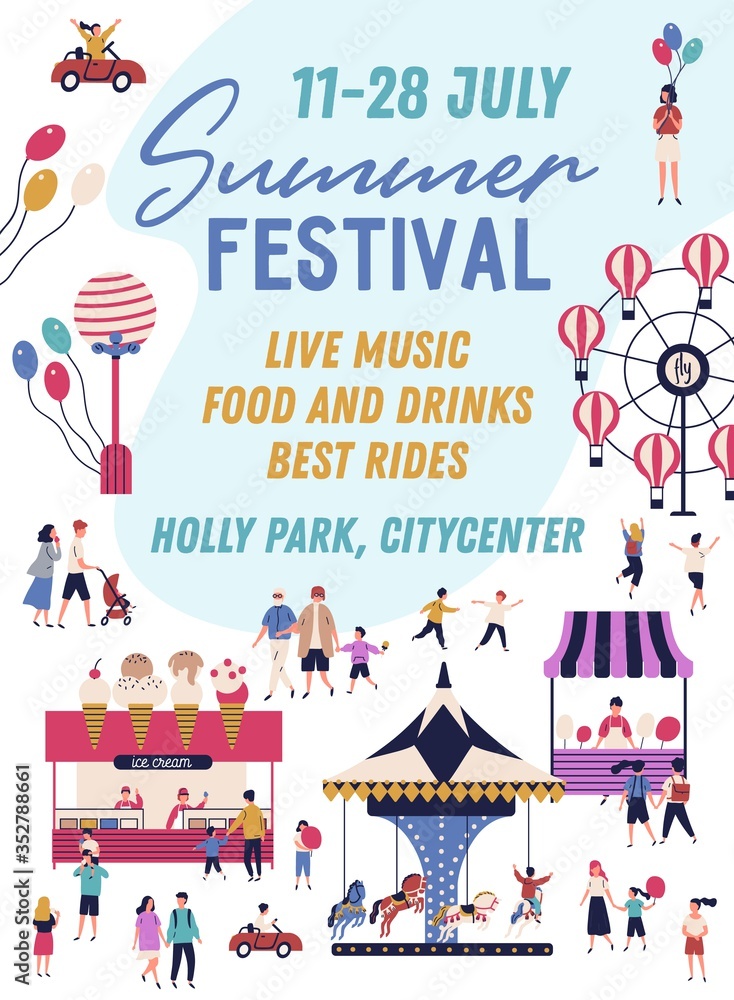 Summer festival promo poster in vector flat cartoon style. Announcement ...