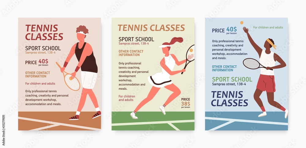 Set of tennis classes poster with place for text vector flat ...