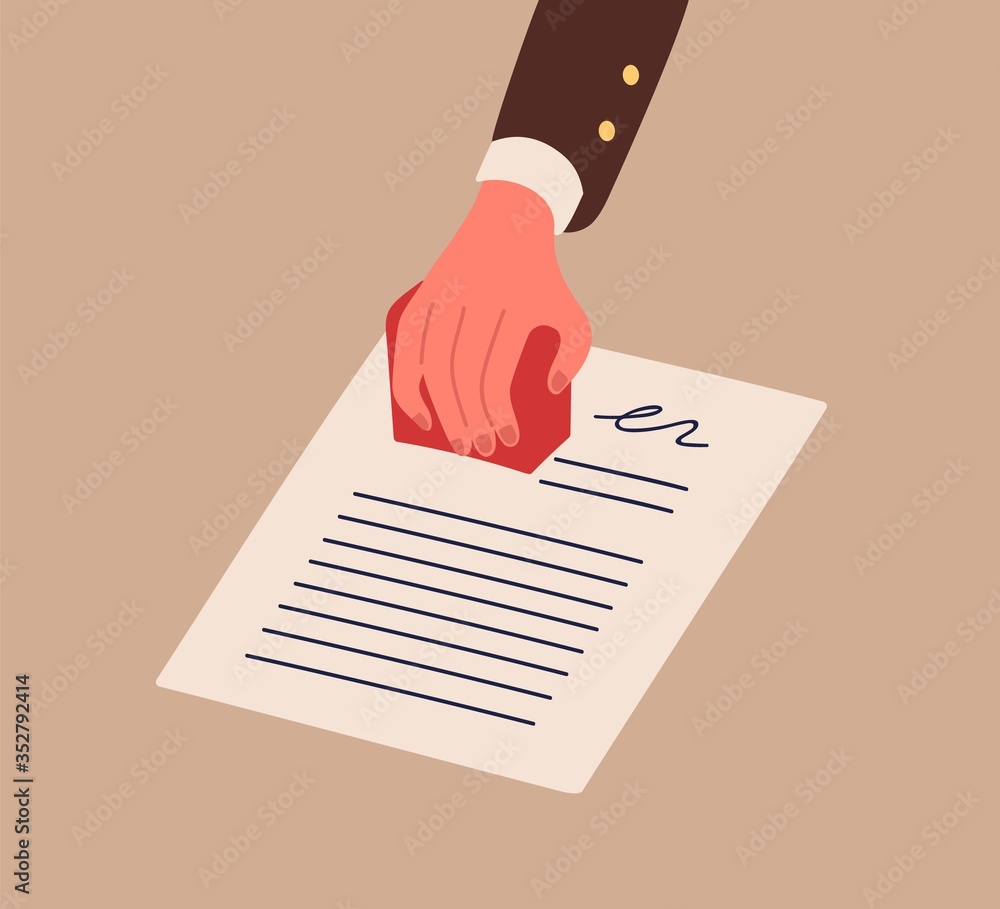Business person hand in suit holding stamp vector flat illustration ...