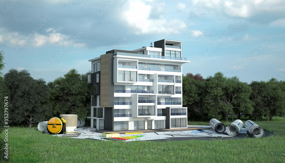 Apartment building project on construction ground. Stock Illustration ...