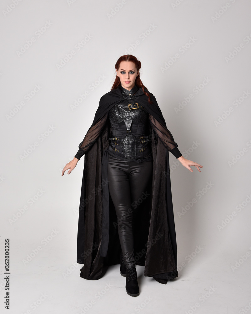 fantasy portrait of a woman with red hair wearing dark leather assassin ...