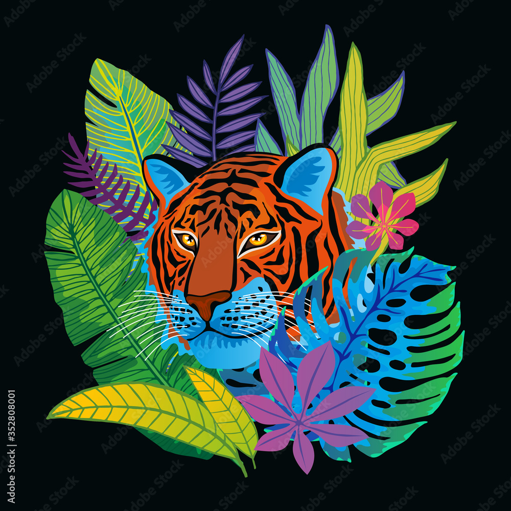 Tiger head wild cat in colorful jungle. Rainforest tropical leaves ...