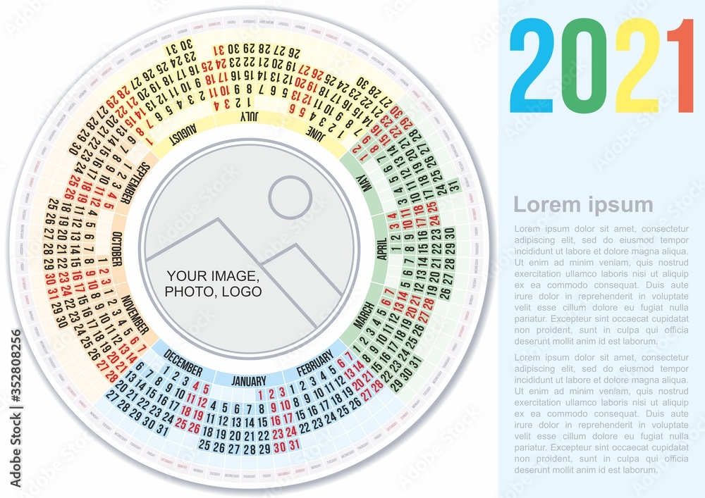 Calendar 2021. Colorful round calendar 2021. Calendar Template. Week ...