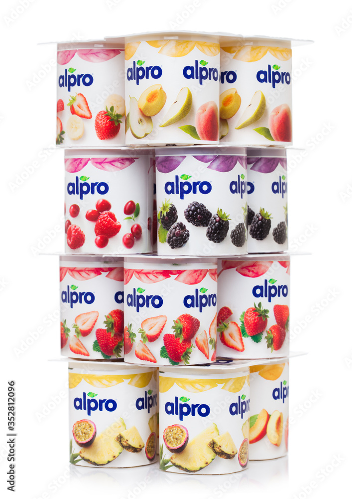LONDON, UK - NOVEMBER 10, 2019: Pots of Alpro Yogurt cultures with ...