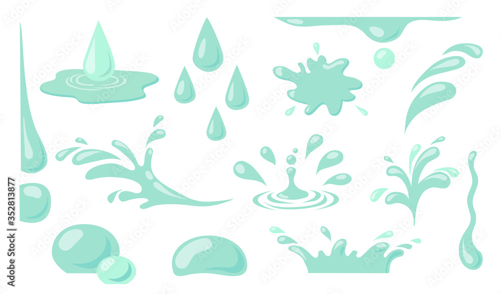 Water splash shapes set. Raindrops, bubbles, splutter, droplet, dew ...