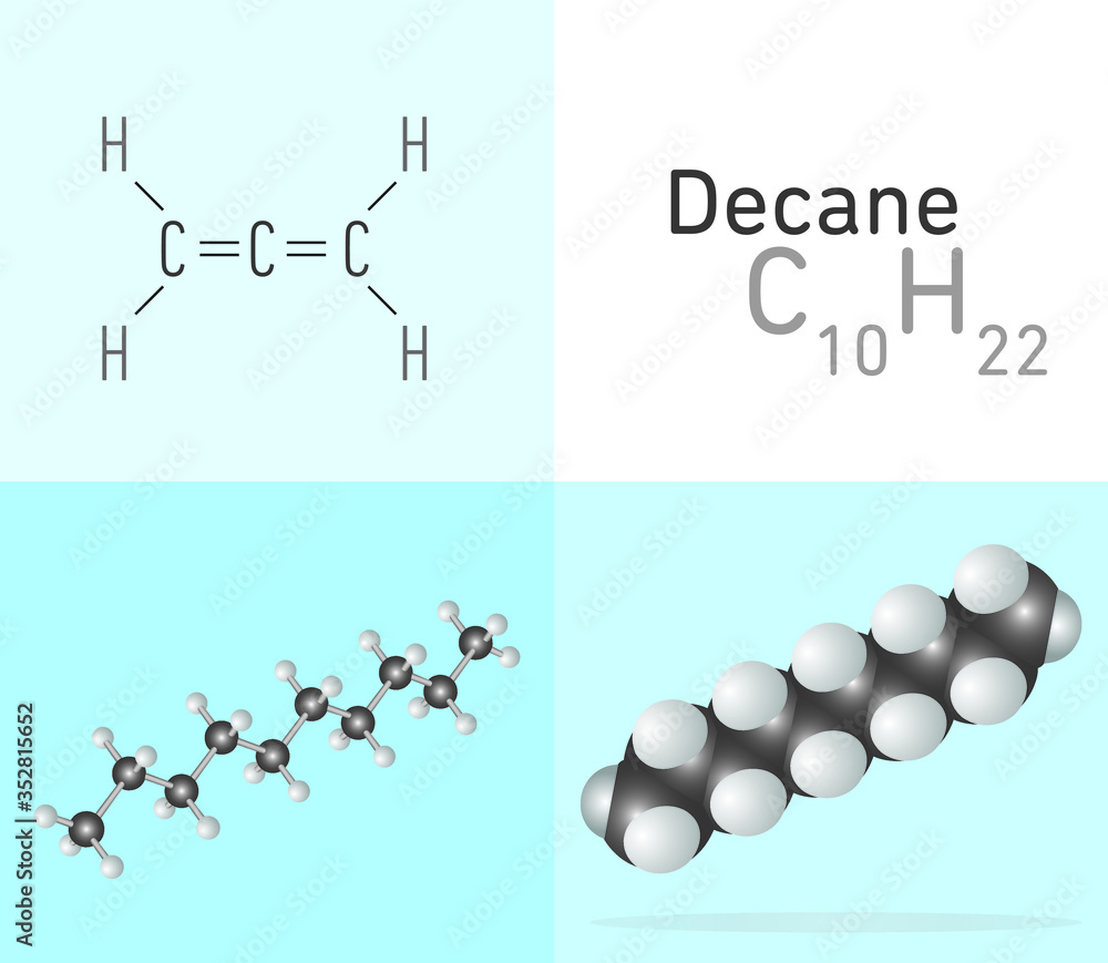 Decane (C10H22) gas molecule. Two different molecule model and chemical ...