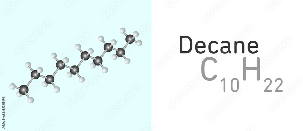 Decane (C10H22) gas molecule. Stick model. Structural Chemical Formula ...