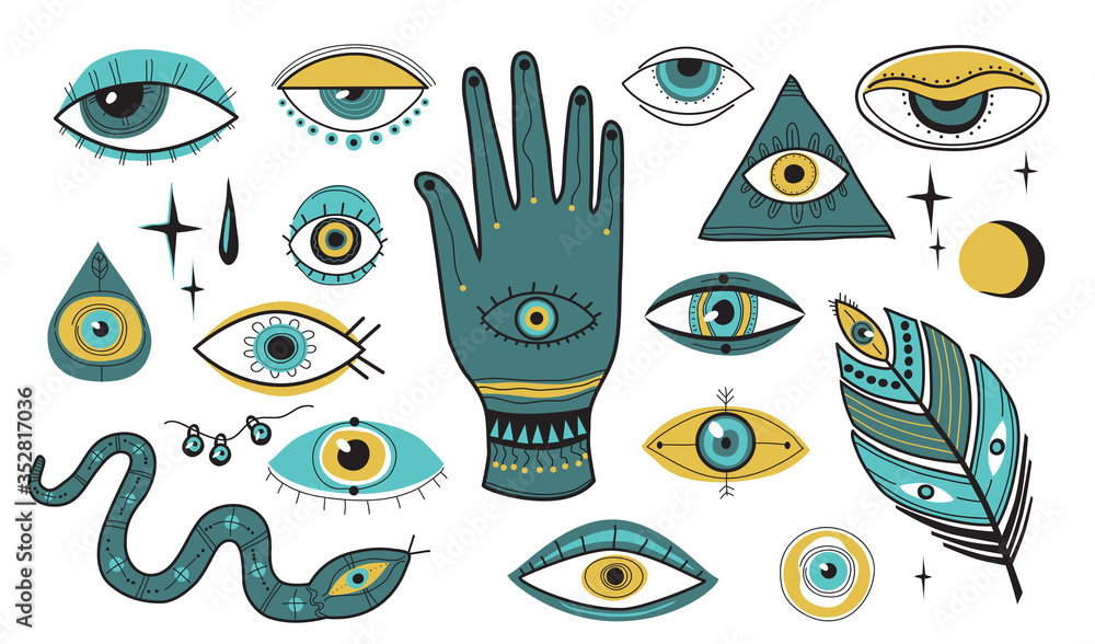 Evil eye set. Mascots, ornamental beads, tribal symbols, snake, eyeball ...