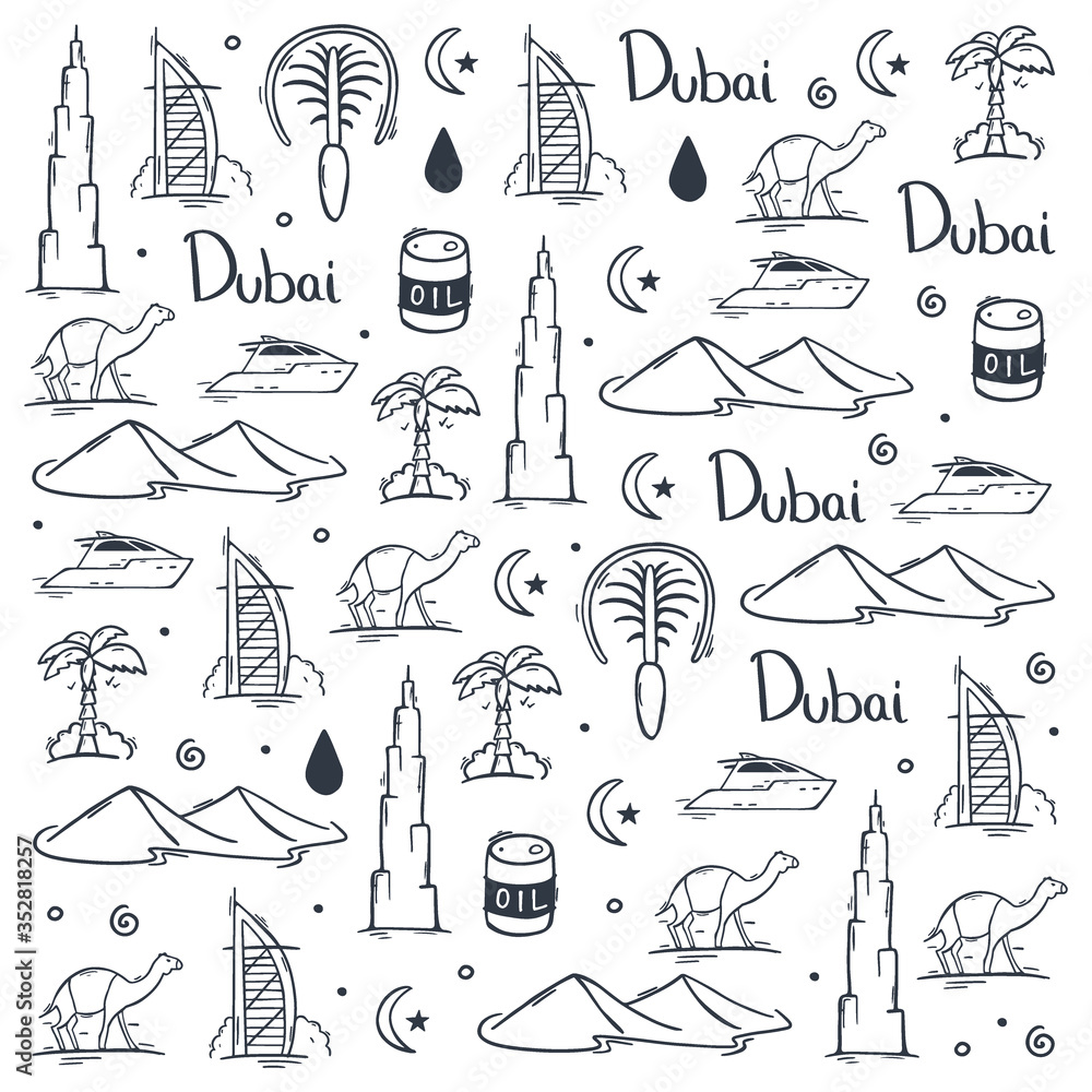 UAE. Travel to Dubai. Hand draw doodle background. Vector illustration ...