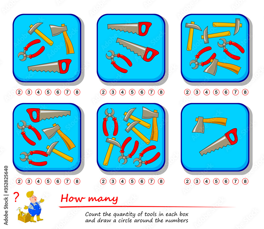 Math education for children. Count the quantity of tools in each box ...