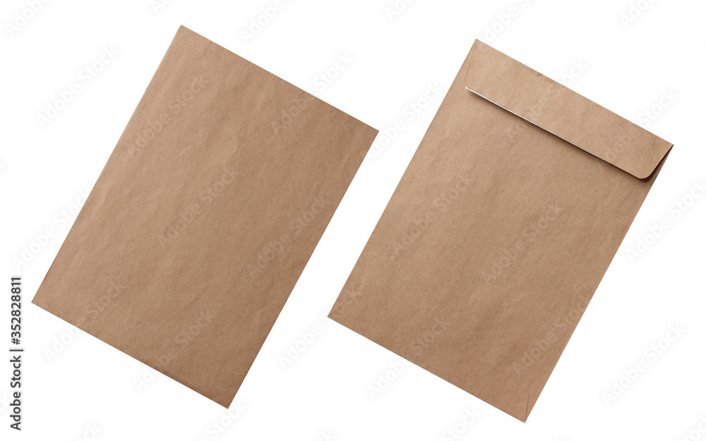 blank of recycled paper envelope on front and back sides, isolated on ...