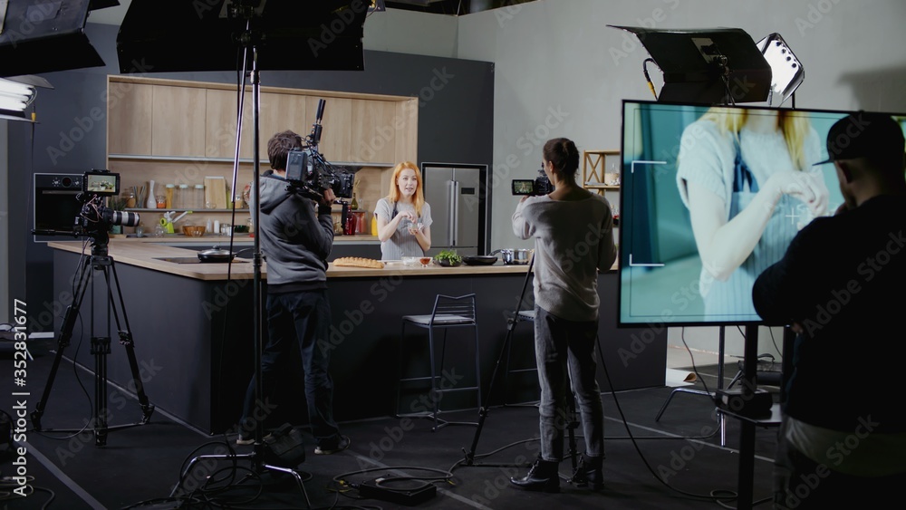 WIDE Behind the scenes of studio set, shooting TV television cooking ...