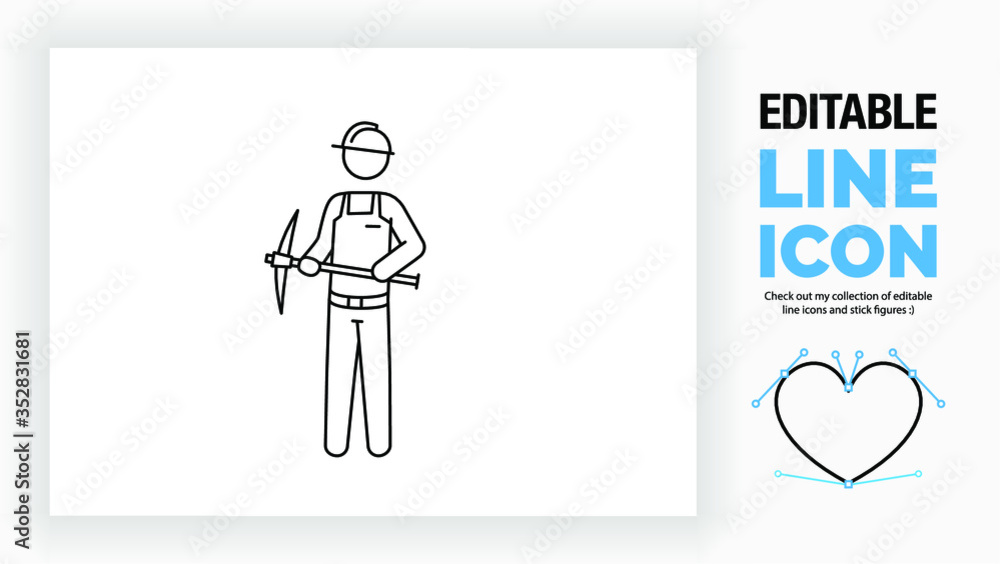 Editable line icon of a stick figure mine worker standing in full body ...