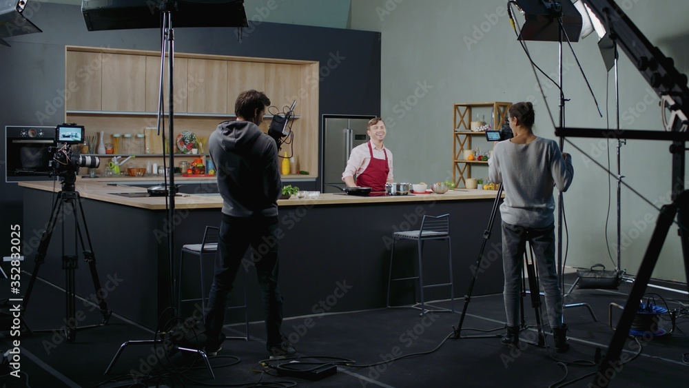 WIDE Behind the scenes of studio set, shooting TV television cooking ...