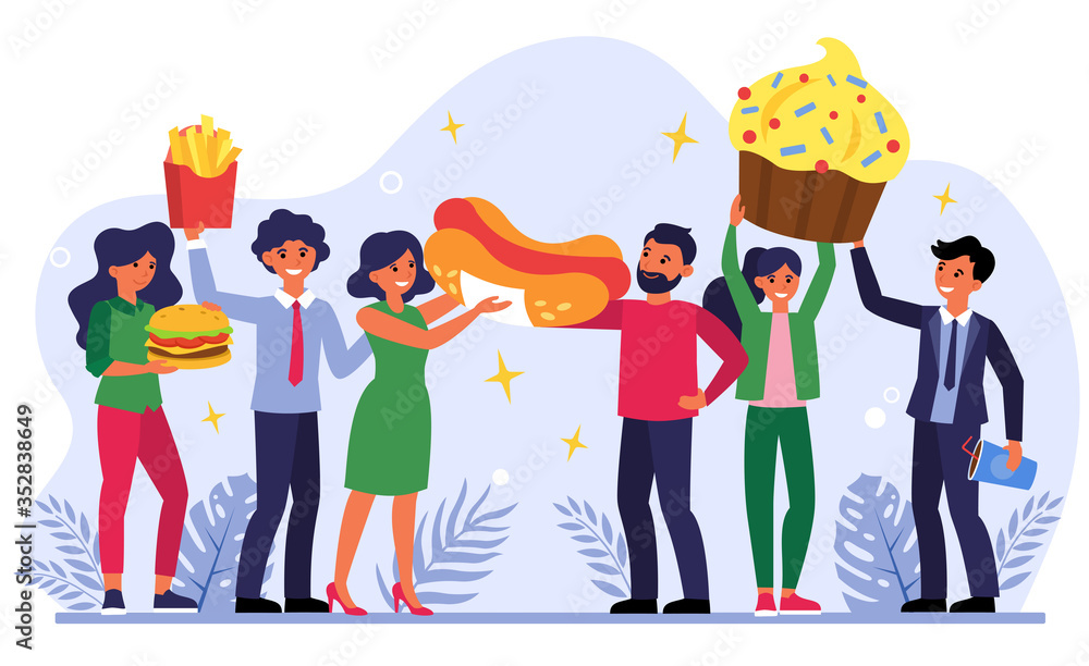 Team celebrating success with fast food. Happy people holding hotdog ...