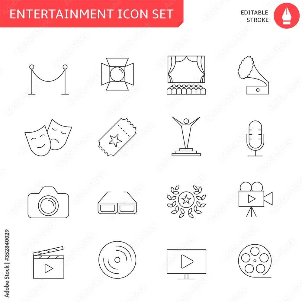 Entertainment icon set - outline icon collection, vector. Editable ...