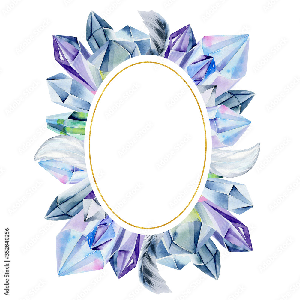 Oval frame of watercolor gemstones and crystals in indigo and dark blue ...