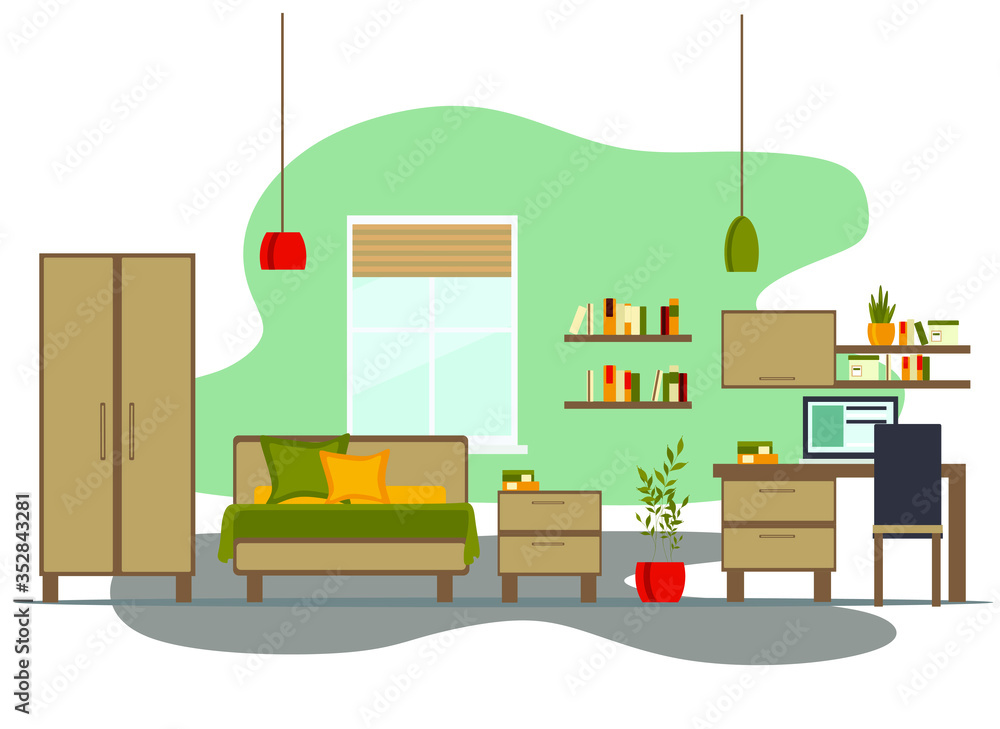 children's room with furniture, bed, computer desk, wardrobe, shelves ...
