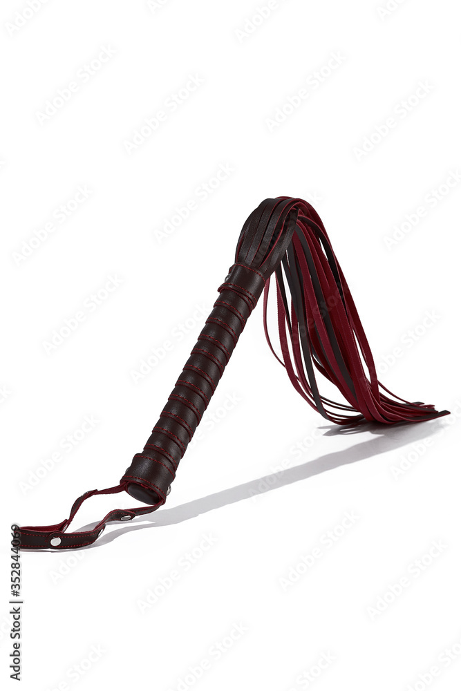 Detailed shot of a brown and red leather whip with a long fringe and a ...