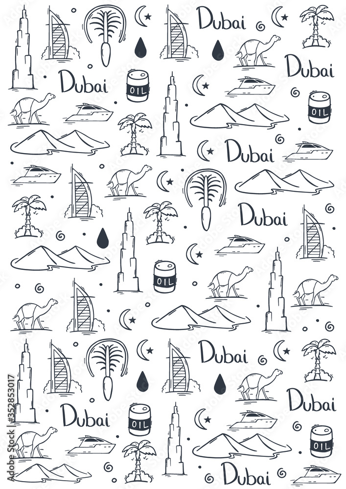 UAE. Travel to Dubai. Hand draw doodle background. Vector illustration ...