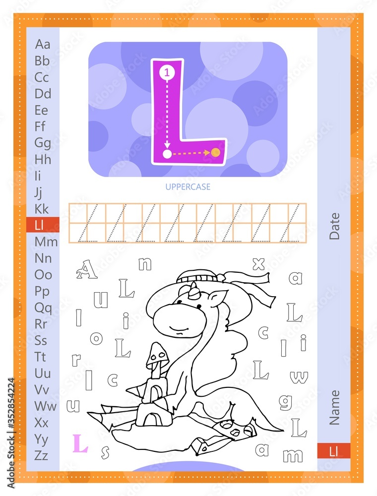 Letter L and funny cartoon hand drawn unicorn. Alphabet a-z. Coloring ...