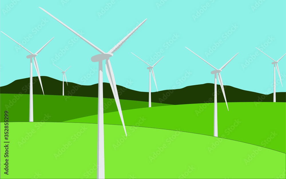 Wind turbines on the green field. Environmental electric energy ...