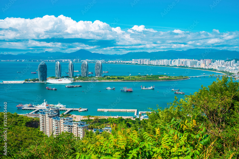 Sanya city, Hainan island. Aerial view of Phoenix Island from Luhuitou ...