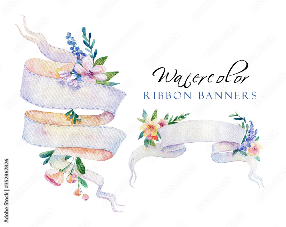 Watercolor Ribbon. Floral banners. Party banners clipart. Watercolor ...
