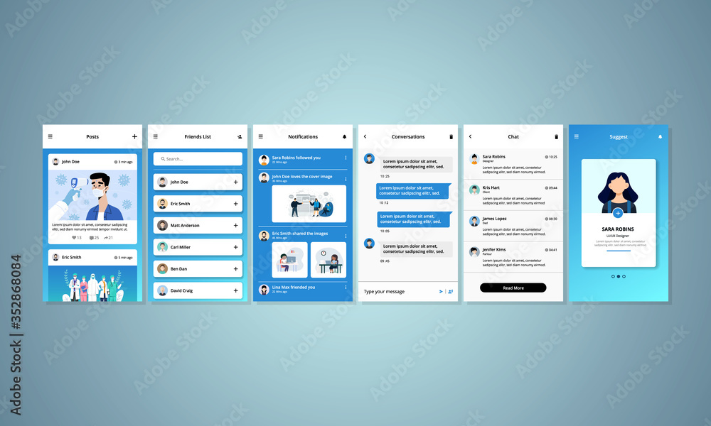 Social Interaction Mobile UI Application Design Stock Vector | Adobe Stock