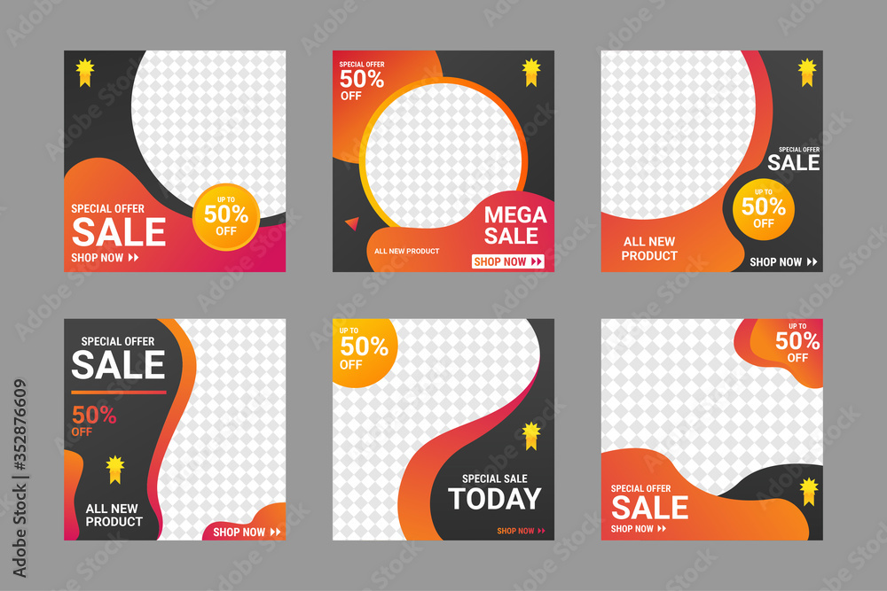 Set of Editable square instagram banner template. Black and orange ...