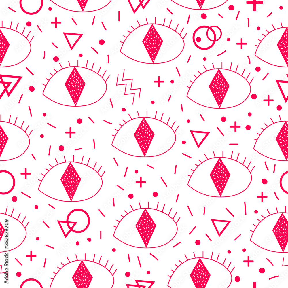 Seamless pattern with red eyes. Doodle style. Red eye. The Memphis ...