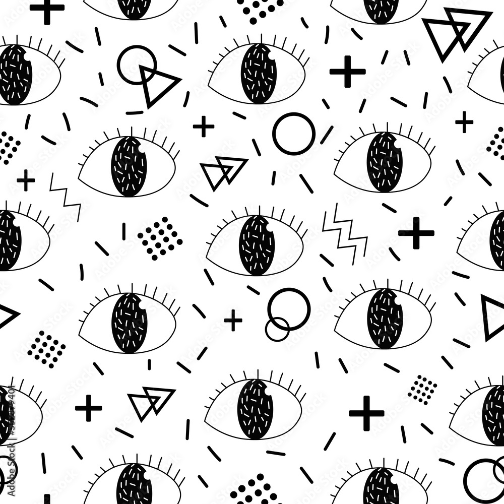 Seamless pattern with black eyes. Doodle style. The Memphis style ...