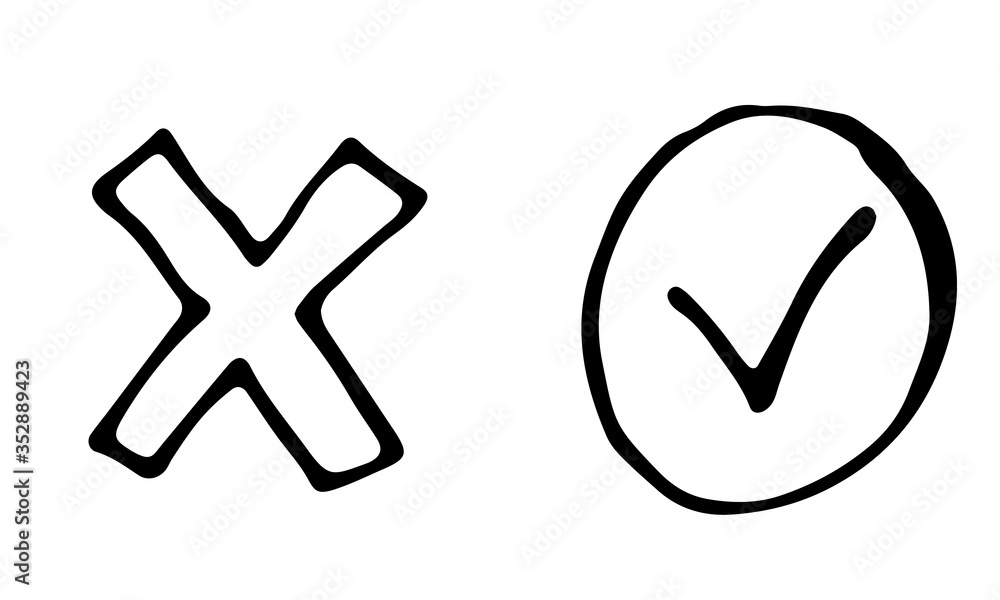 Hand drawn vector outline illustration of cross and tick icons. Website ...