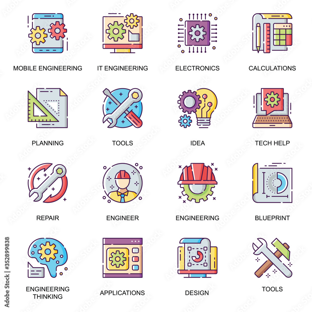 Modern engineering flat icons set. Mobile solution, idea generation ...