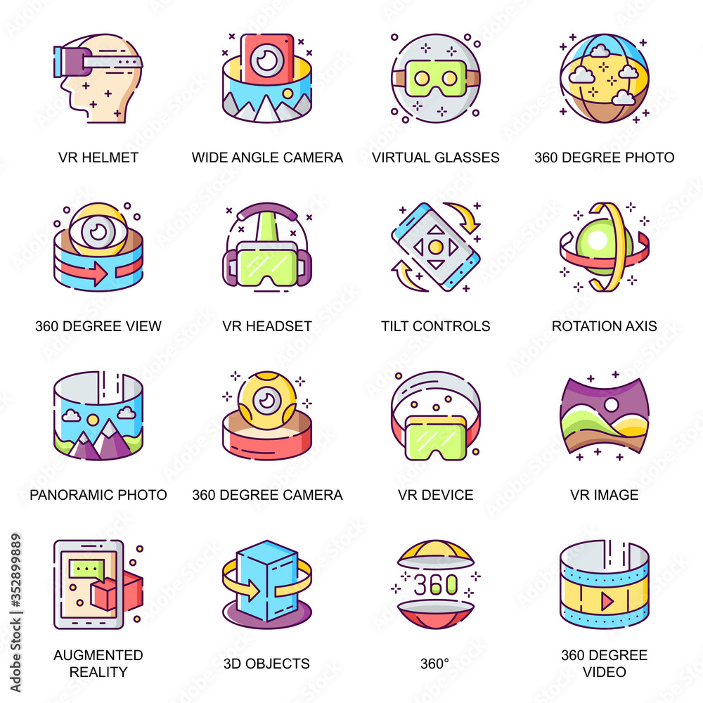 Virtual reality flat icons set. Wide angle camera, VR headset, 360 ...