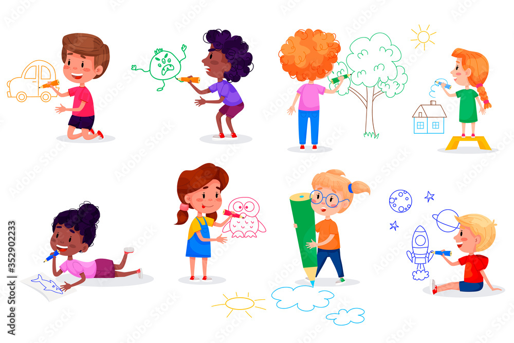 Kids characters are drawing on white walls. Children international day ...