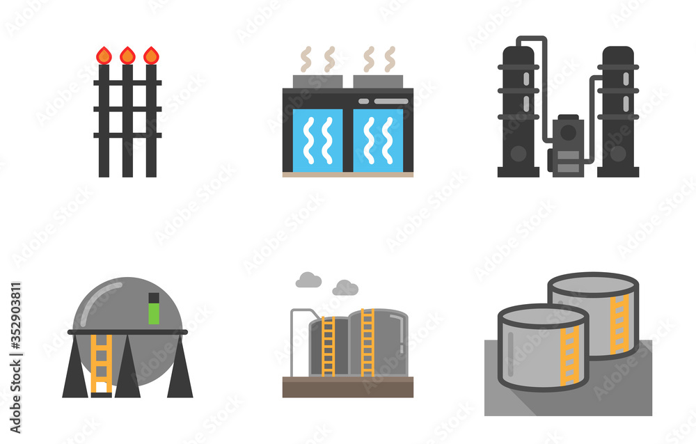 Icon set of industry equipment infrastructure, flare, LPG tank farm ...