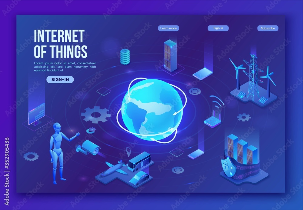 Internet of things infographic illustration, neon blue isometric 3d ...
